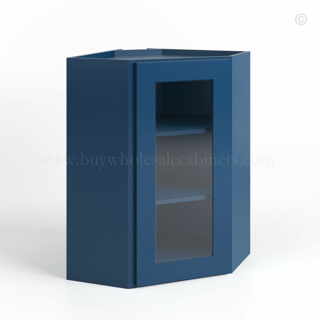 Navy Blue Shaker 24 Diagonal Corner Wall Cabinet with Glass Door - BWC